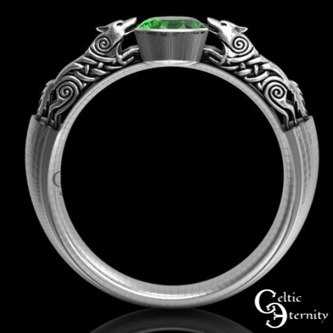 Celtic Wolf Ring With Emerald Solitaire Emerald Engagement - Etsy