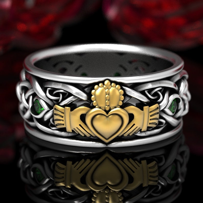 His Hers Claddagh Ring Set Emeralds, Silver & 10K Gold Claddagh Wedding ...