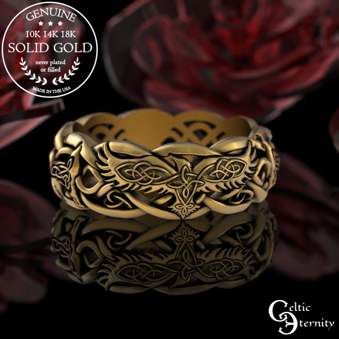 Gold/white Gold Raven & Wolves Wedding Ring, Wolf Nordic Wedding Band ...