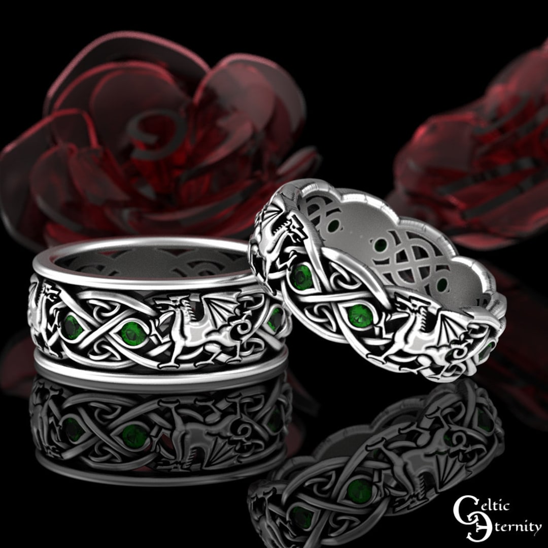 Matching Emerald Dragon Wedding Bands, Emerald Norse Rings, Sterling ...
