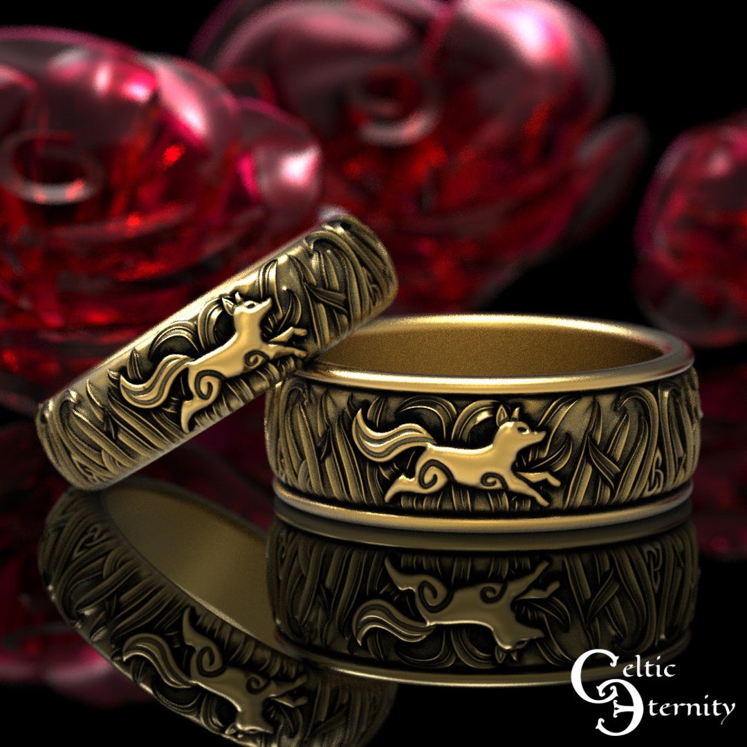 Gold Fox Wedding Ring Set, 10K Celtic Fox Rings, Matching Gold Wedding ...