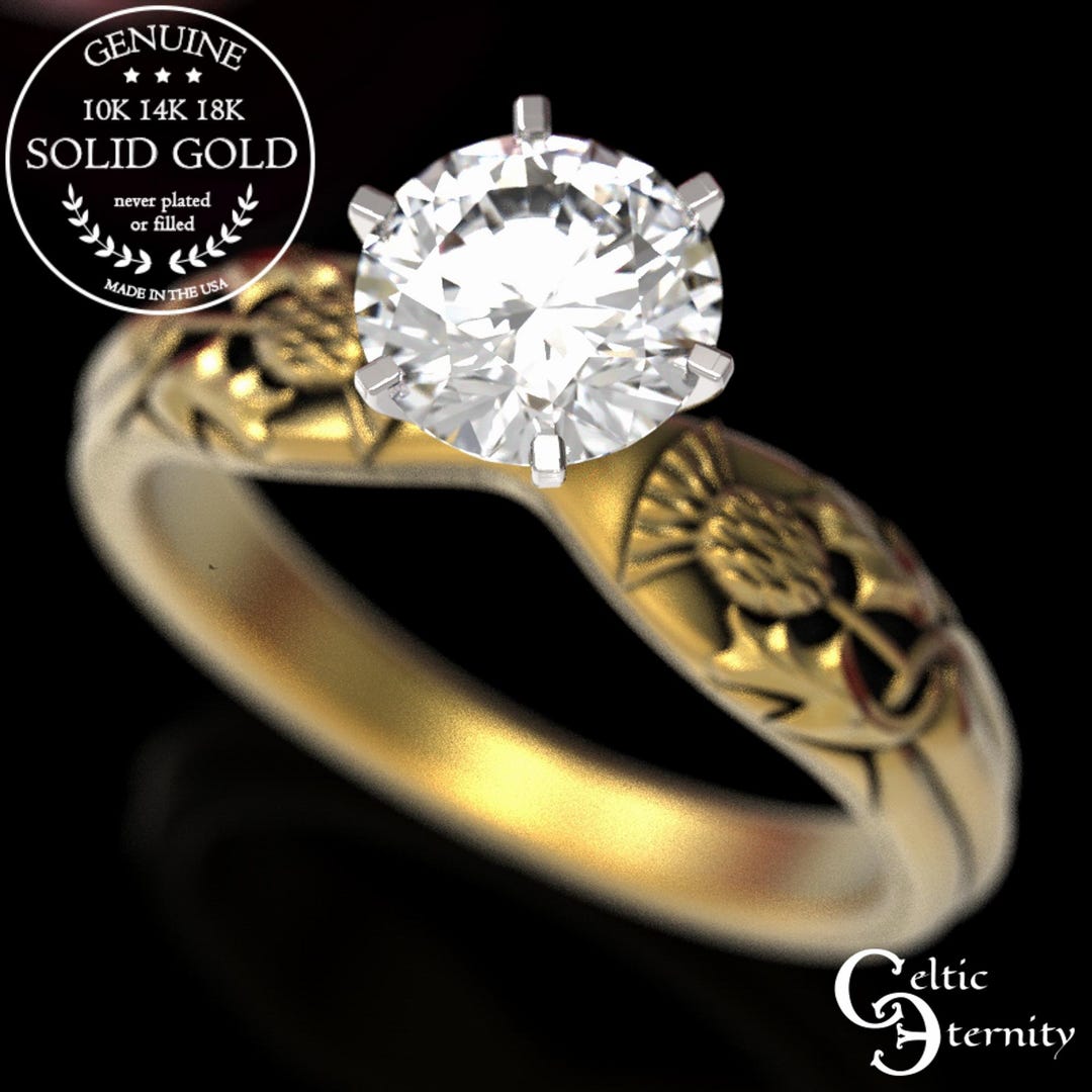 Gold Thistle Engagement Ring, 10K Scottish Thistle Ring, Moissanite ...