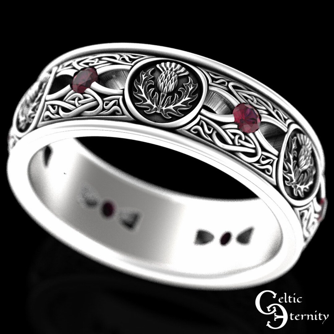 Sterling Thistle Ring, Ruby Thistle Wedding Band, Mens Scottish Wedding ...