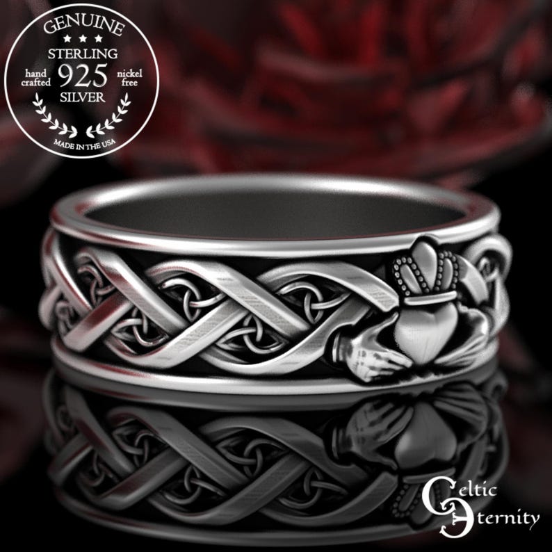 Mens Claddagh Knotwork Ring, Sterling Groom Irish Heart Hands Wedding ...