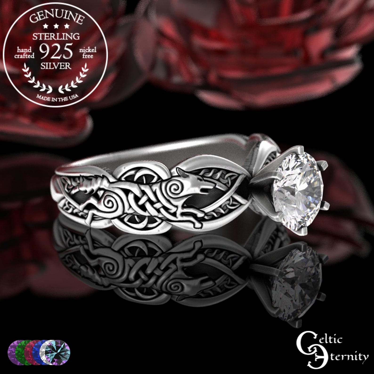 Sterling Celtic Wolf Engagement Ring, Moissanite Wolves Viking ...