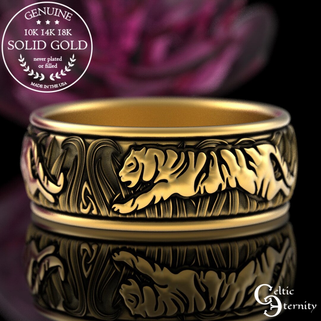 Mens Gold Tiger Ring, 10K Gold Tiger Wedding Band, 14K Mens Wedding ...
