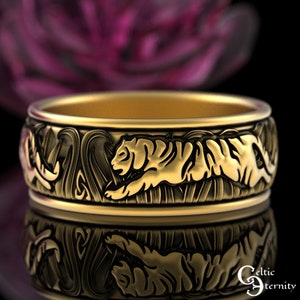 Mens Gold Tiger Ring, 10K Gold Tiger Wedding Band, 14K Mens Wedding ...
