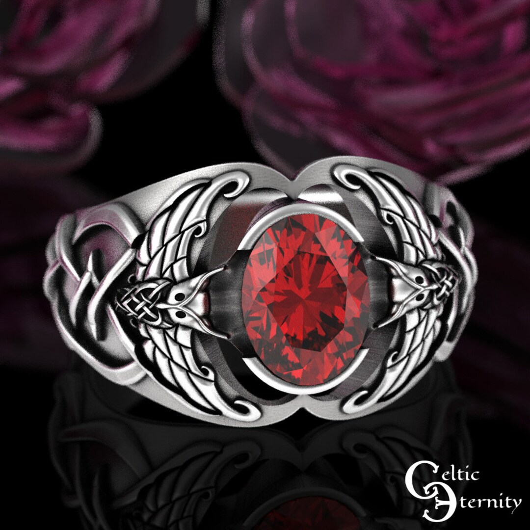 Mens Ruby Owl Ring, Sterling Viking Owl Ring, Mens Viking Wedding Ring ...