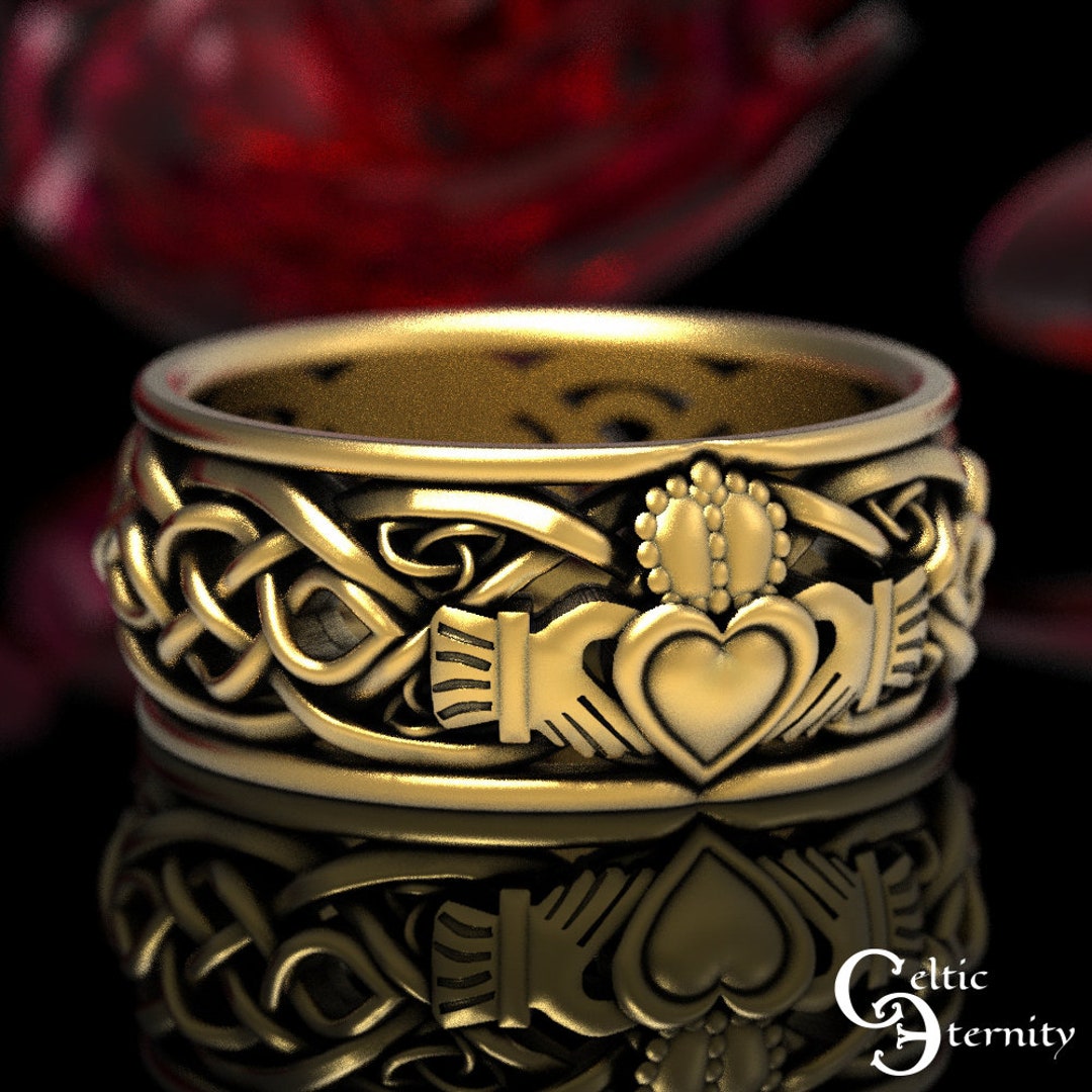 10K 14K Mens Gold Claddagh Ring, Modern Claddagh Wedding Ring, Celtic ...
