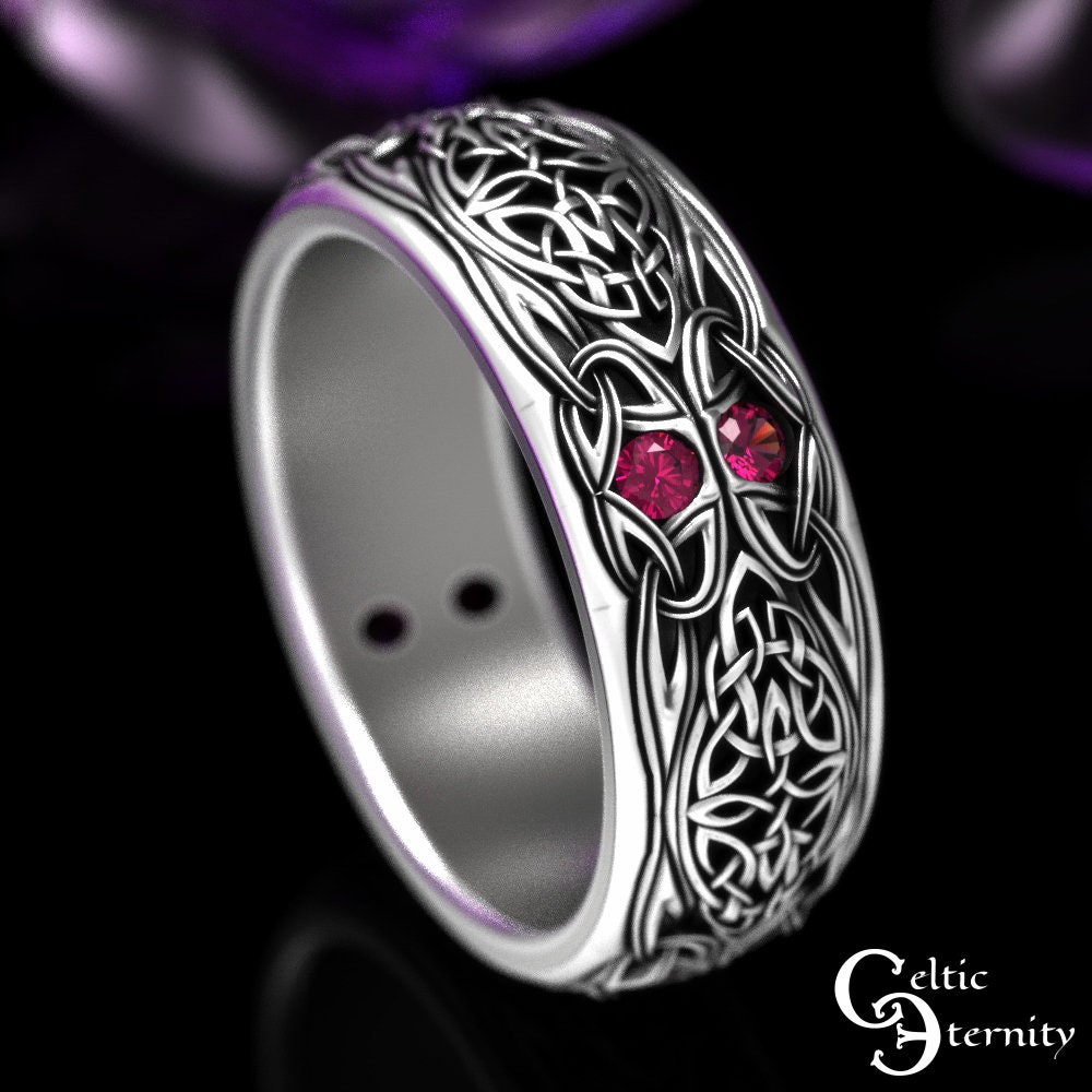 Ruby Knotwork Ring, Mens Sterling Silver Wedding Band, Ruby Celtic ...
