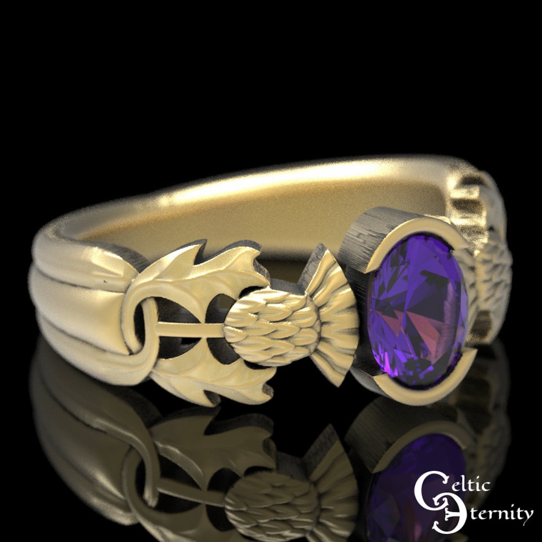Gold Amethyst Thistle Ring, 10K Thistle Engagement Ring, 14K Scottish ...