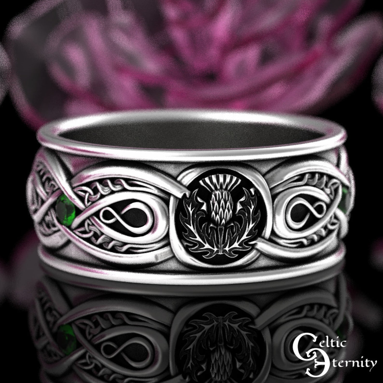 Emerald Thistle Wedding Ring, Sterling Mens Scottish Thistle Ring ...
