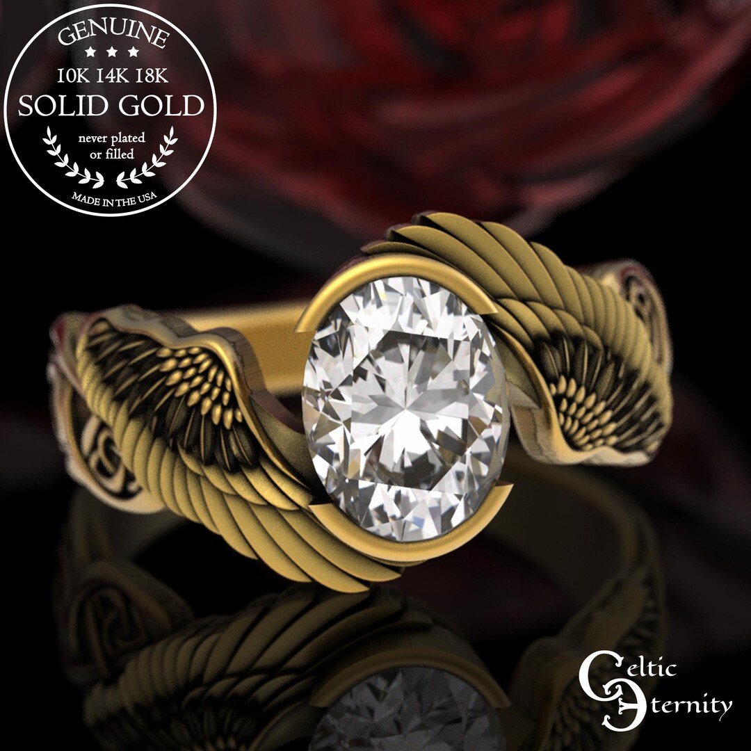 10K Gold Valkyrie Wings Engagement Ring, Moissanite & 18K White-gold ...