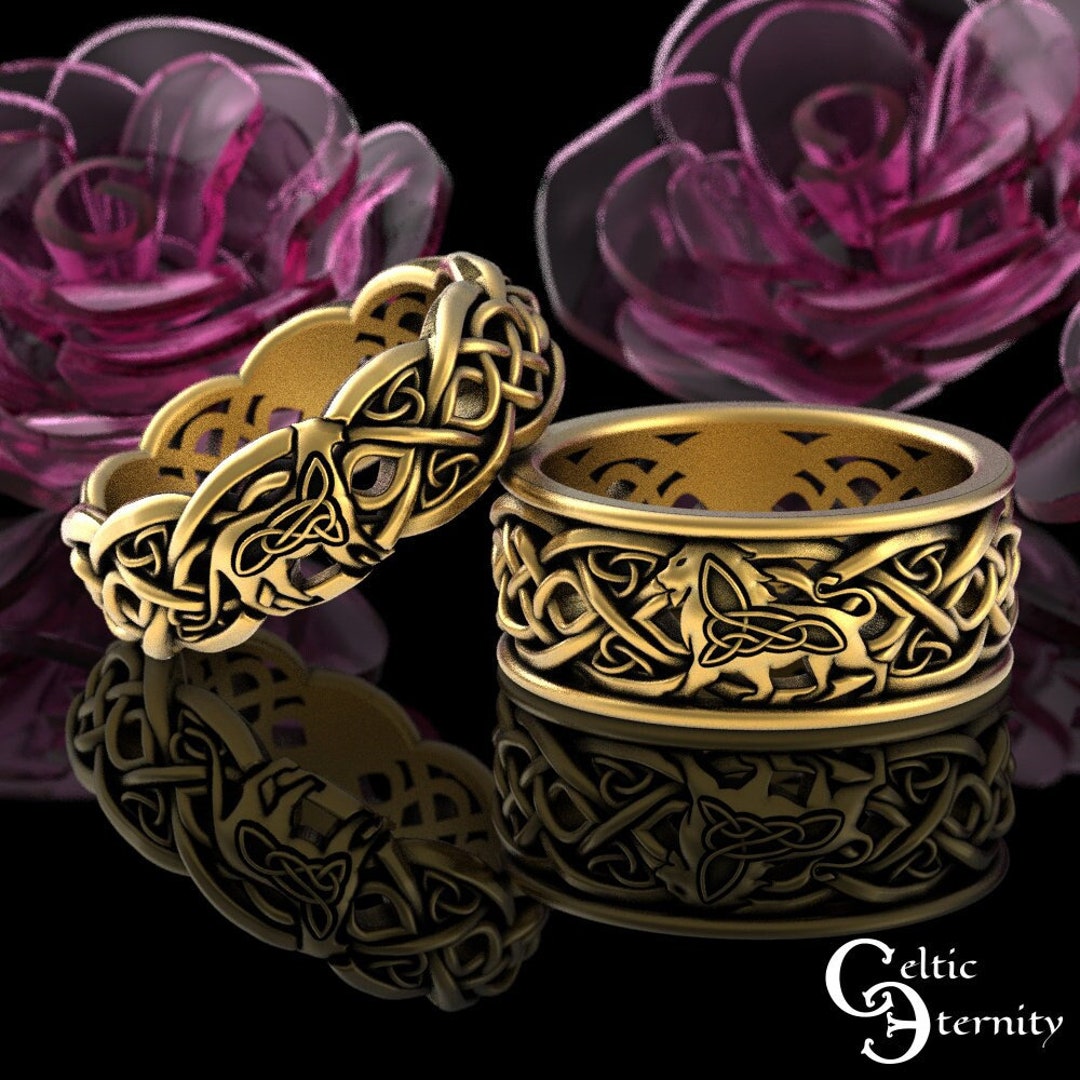 10K Gold Lion Lioness Ring Set, Gold Celtic Matching Wedding Rings, 14K ...