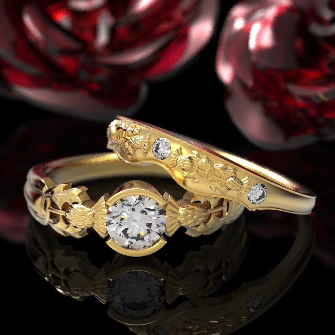 Thistle Engagement Ring Set, Moissanite Solitaire Ring, Matching ...