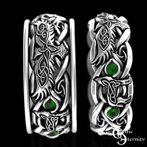 Matching Emerald Raven Wolf Ring Set, His Hers Sterling Celtic Matching ...