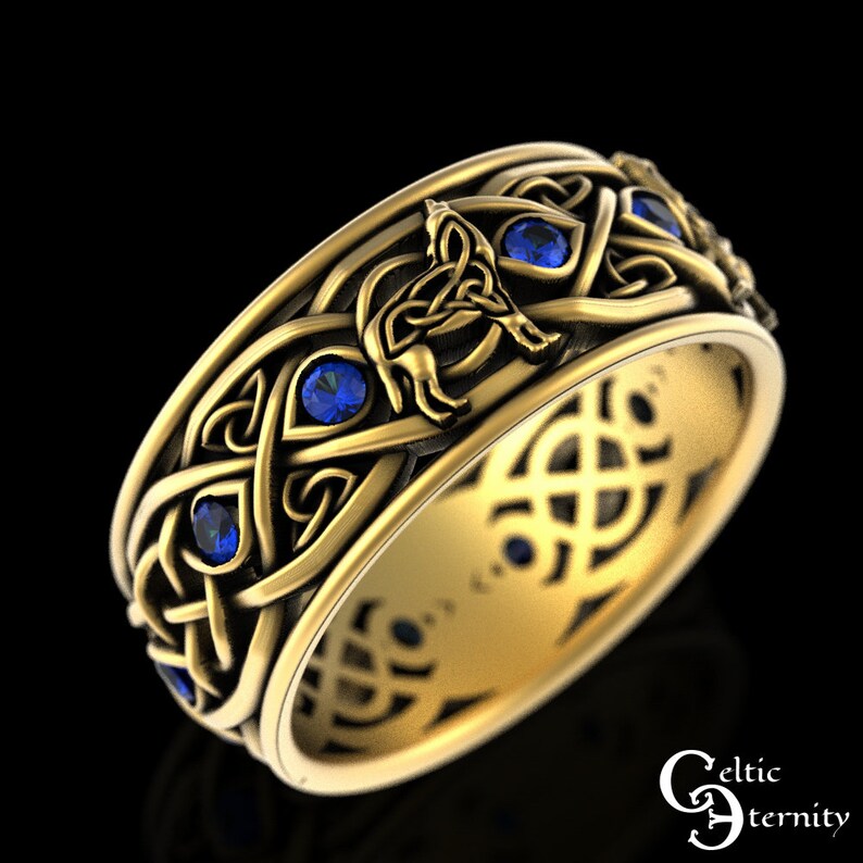 Sapphire Howling Wolf Ring, Gold Wolf Wedding Band, Mens Gold Wolf ...