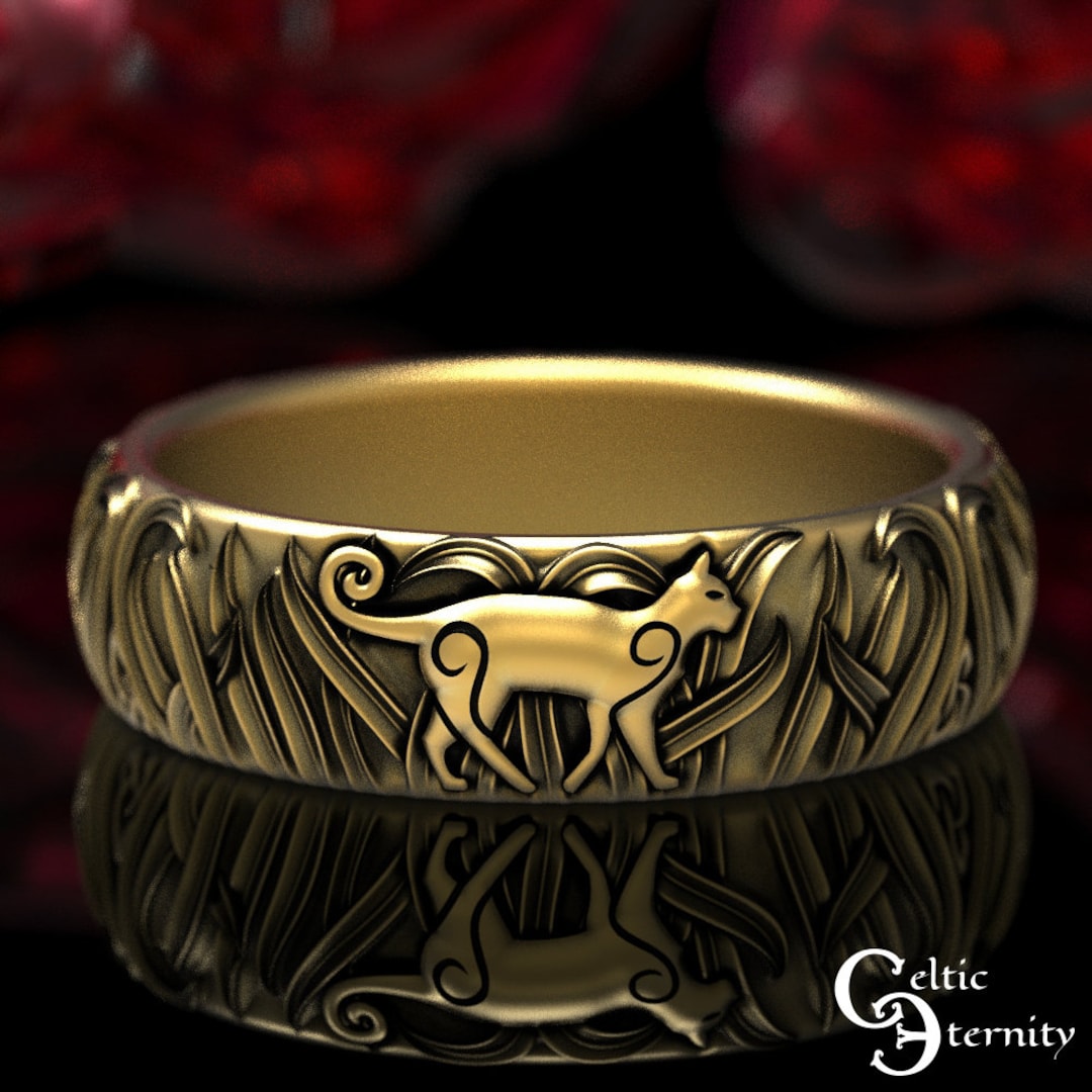 10K Cat Ring, Womens Gold Cat Ring, Cat Wedding Band, 10K Celtic Cat Ring, Irish Cat Ring ...