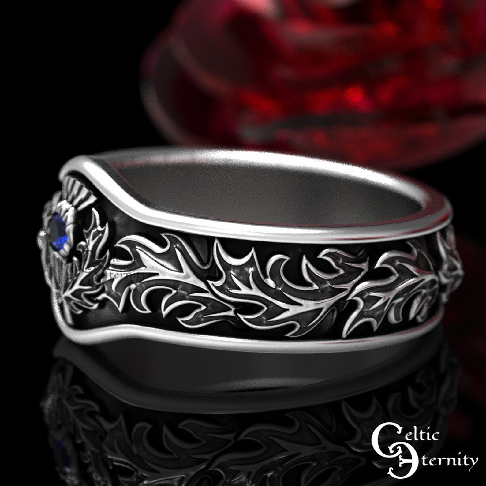 Sapphire Scottish Thistle Ring, Sterling Silver Thistle Ring, Scottish ...