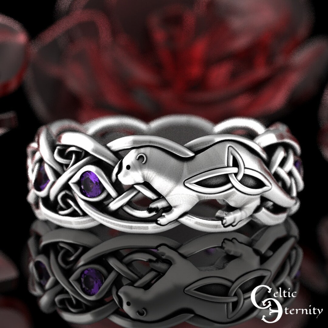 Celtic Otter Ring, Sterling Amethyst Otter Wedding Band, Sterling Otter ...