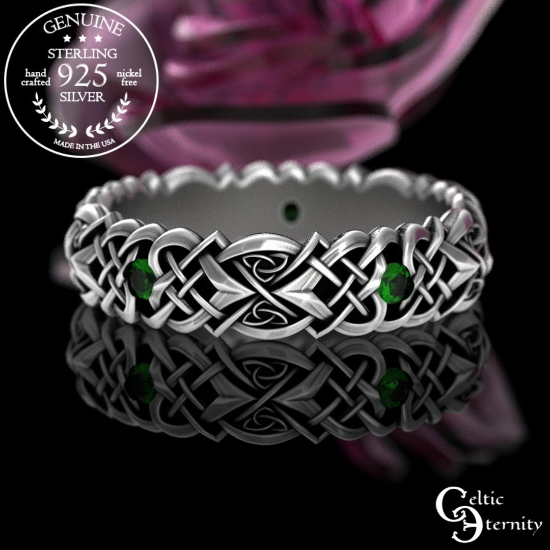 Celtic Emerald Heart Ring, Sterling Silver Celtic Wedding Band, Womens ...