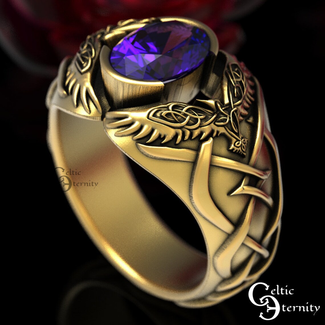 Mens Gold Raven Ring, Amethyst Celtic Ring, Odin Raven Ring, Men Viking ...