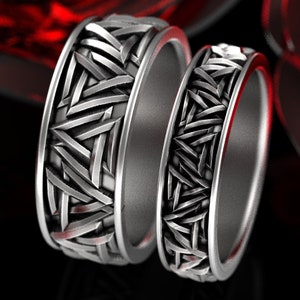 Valknut Wedding Band Set, Sterling Silver Interlocking Triangles Ring ...
