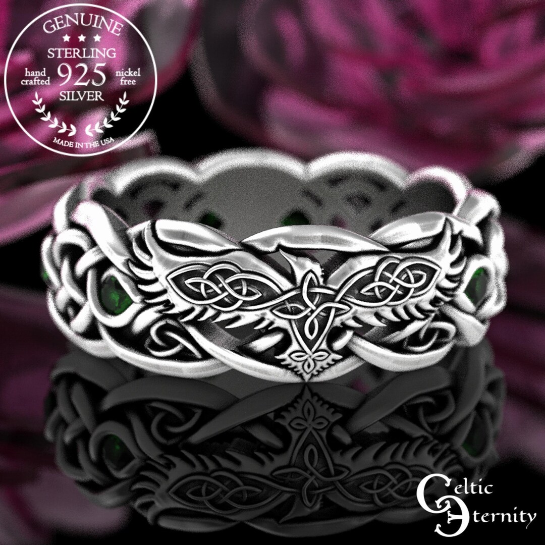 Sterling Emerald Raven Wedding Ring, Womens Viking Ring, Viking Raven ...