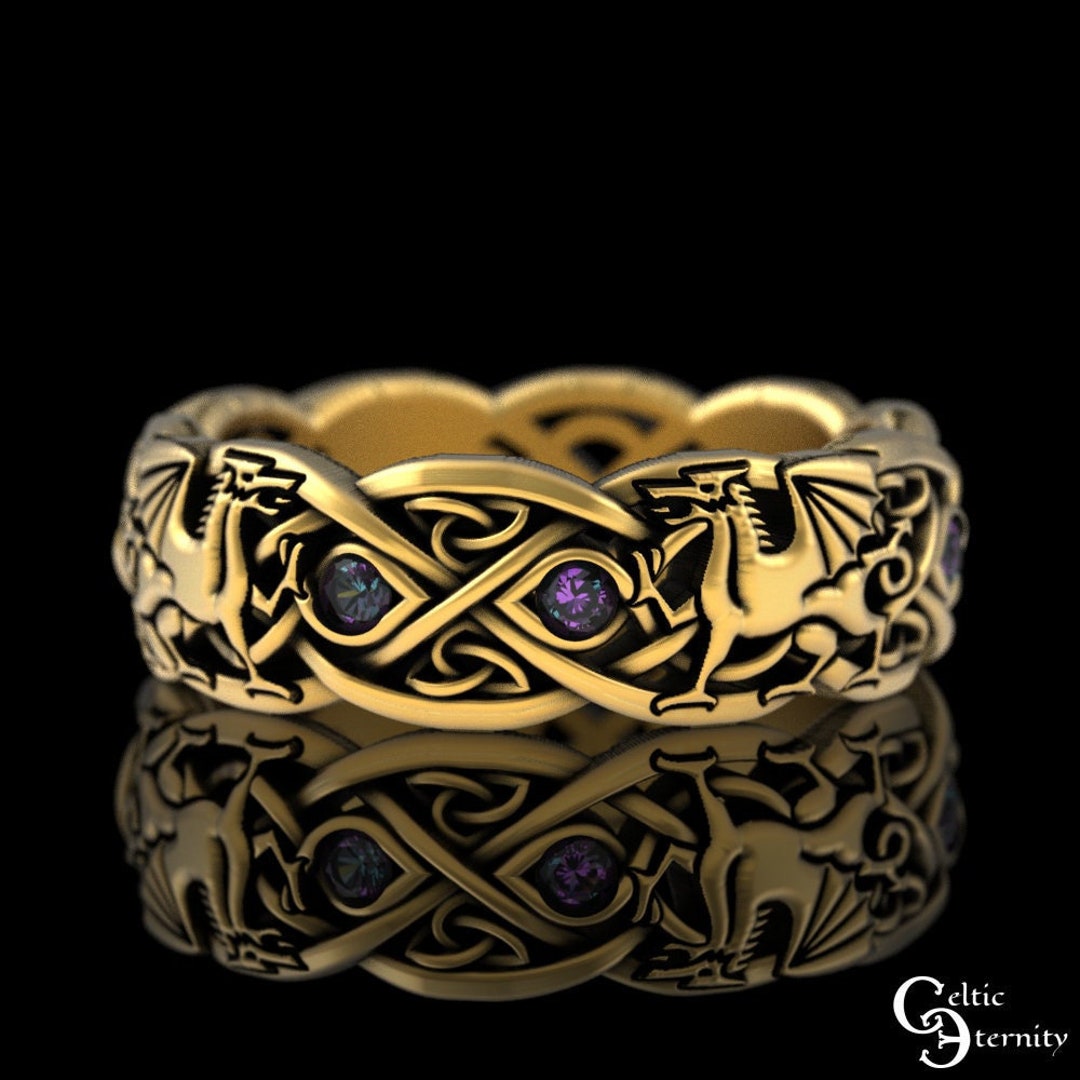 Alexandrite Welsh Dragon Ring, 10K 14K Dragon Wedding Band, Celtic ...