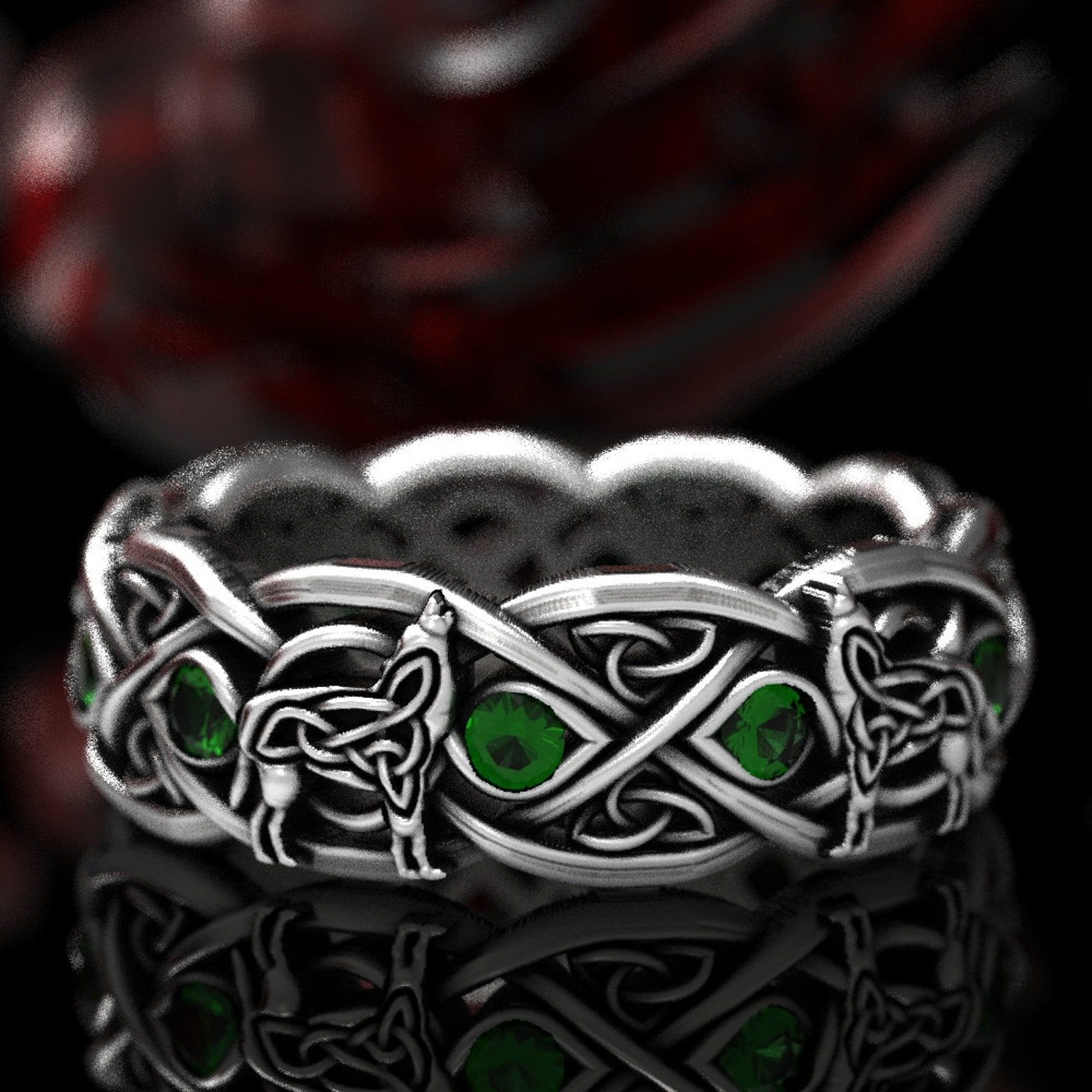 Celtic Wolf Ring Sterling Silver & Emerald Wedding Band Wolf - Etsy