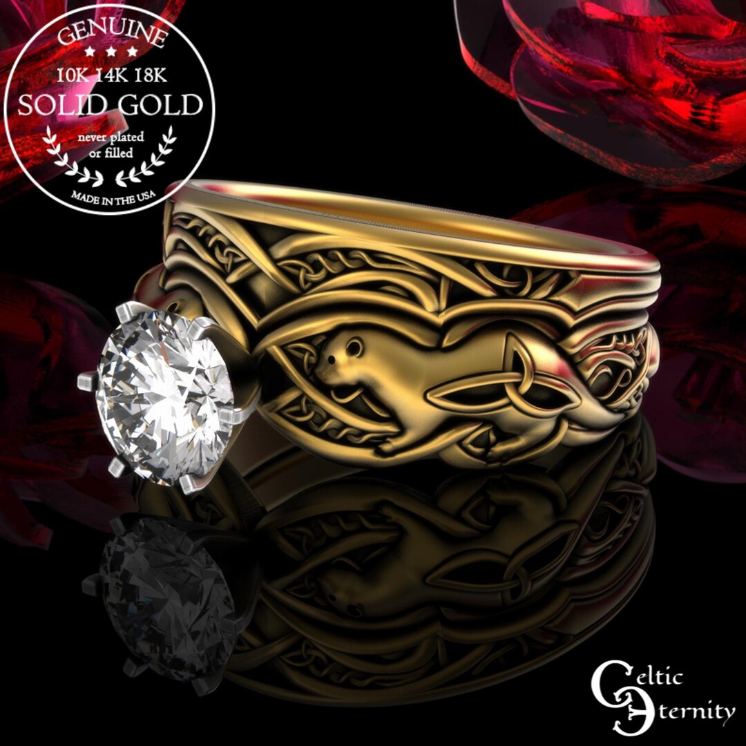 14K Stacking Bride Otter Wedding Ring Set, Gold & Moissanite Ocean ...