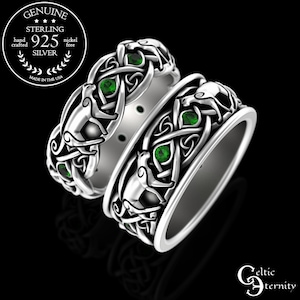 Matching Emerald Cat Ring Set, Sterling Silver Kitty Wedding Band Set ...