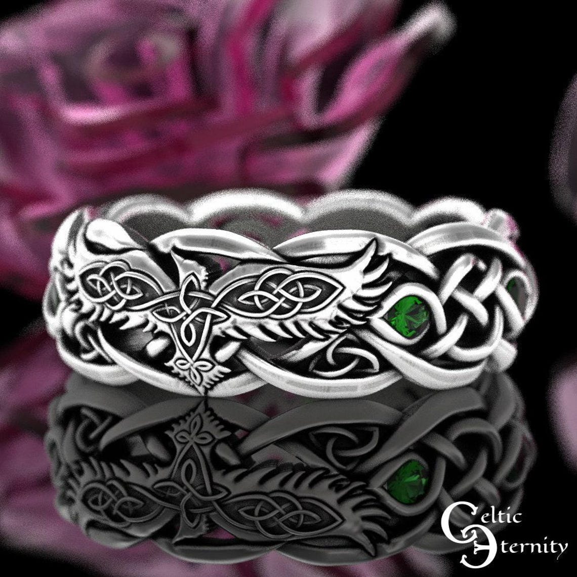Sterling Emerald Raven Wedding Ring, Womens Viking Ring, Viking Raven ...