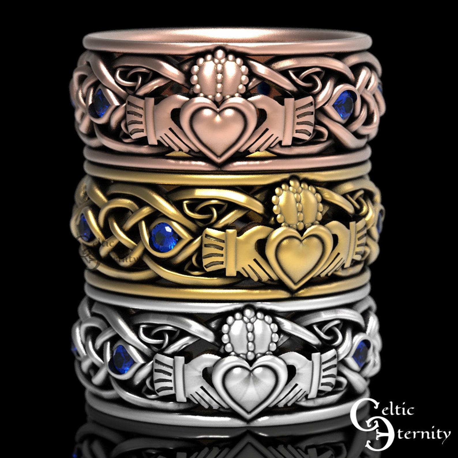 Gold Claddagh Ring With Sapphires Modern Claddagh Wedding | Etsy