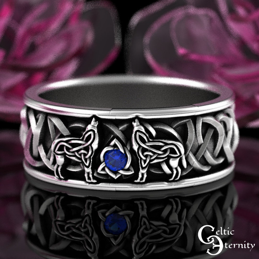 Mens Blue Sapphire Wolf Wedding Ring, Sterling Silver Nordic Wolves Wedding Band, Silver ...
