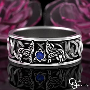 Mens Blue Sapphire Wolf Wedding Ring, Sterling Silver Nordic Wolves Wedding Band, Silver ...