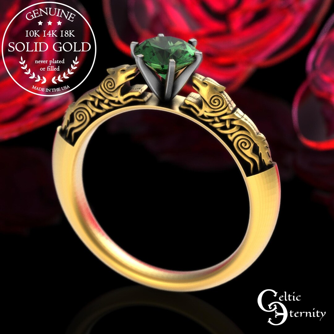 Emerald 3D Wolf Engagement Ring in Gold, 10K Celtic Wolves Solitaire ...