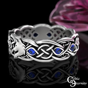 Womens Sapphire Wolf Ring, Sterling Celtic Wedding Band, Silver ...