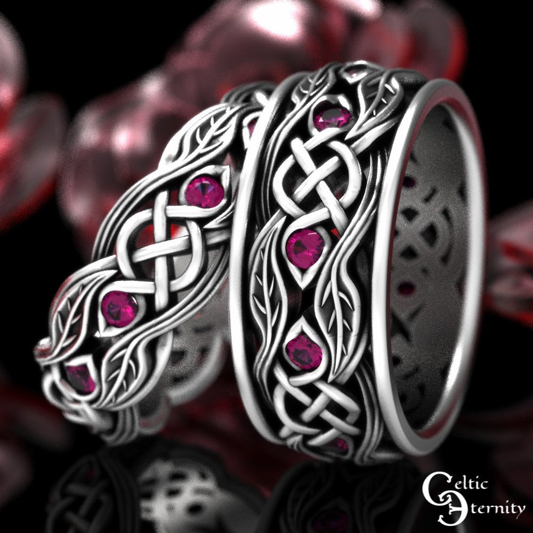 Ruby Matching Scottish Nature Wedding Rings, Celtic Botanical Wedding ...