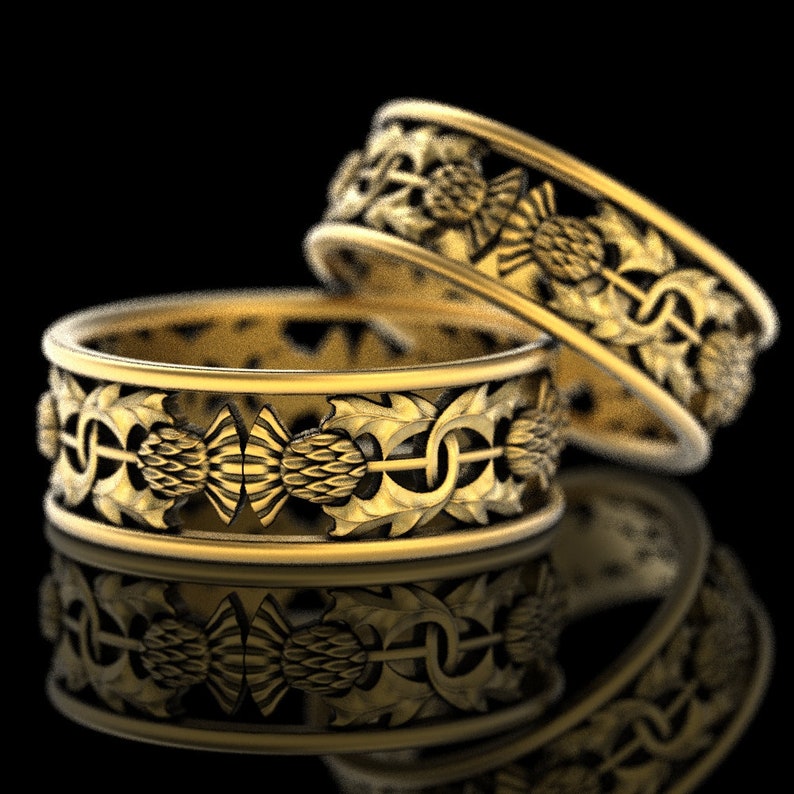 Thistle Ring Set of 2 Gold Rings, 10K 14K or 18K Scottish Ring, Unique ...