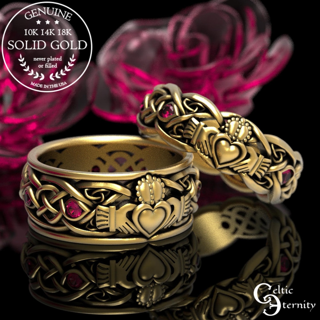 14K His Hers Gold Claddagh Ring Set With Rubies, Platinum Scottish ...