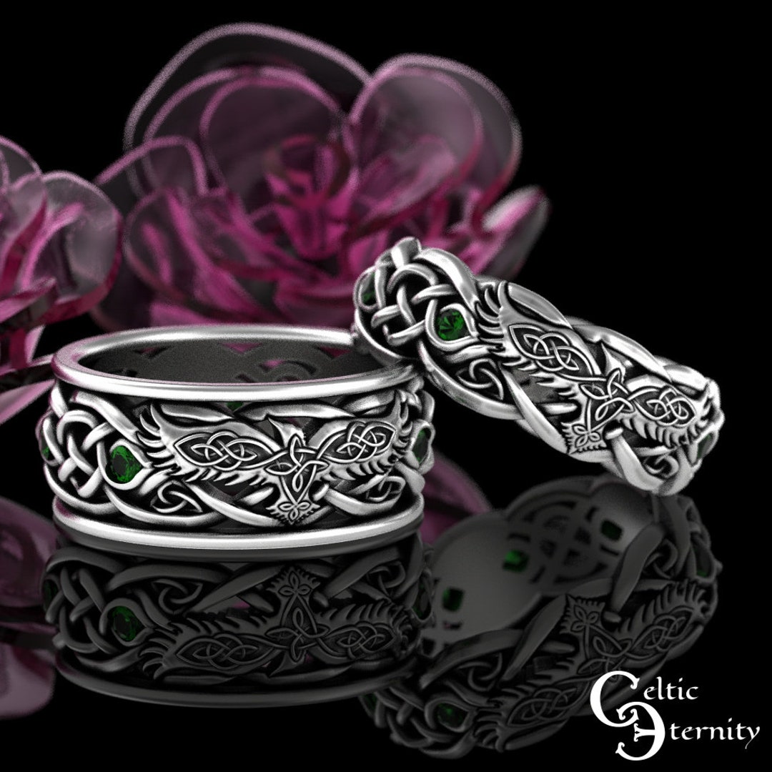 Emerald Viking Wedding Rings, Sterling Raven Ring Set, Emerald Raven ...