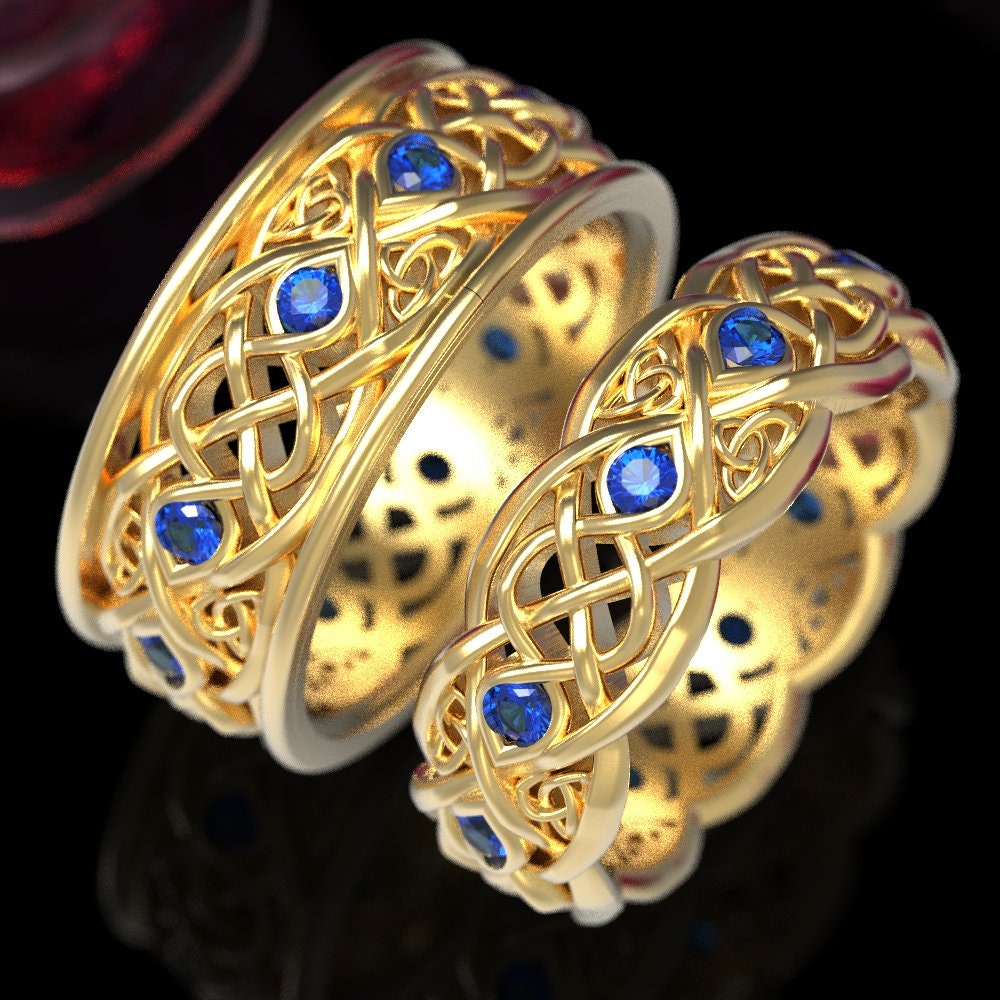 Gold Wedding Band Set With Sapphires Gold Celtic Ring Set | Etsy