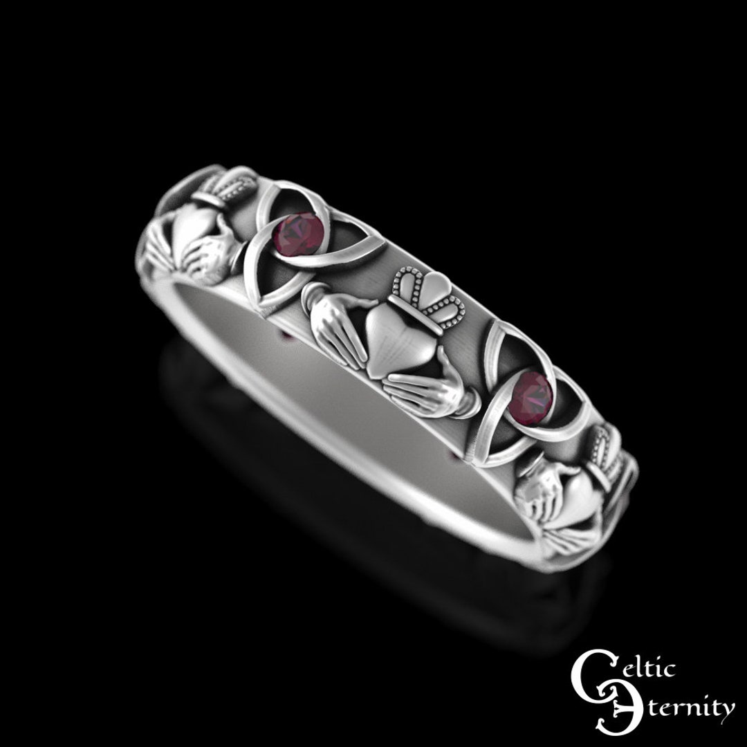 Ruby Claddagh Sterling Wedding Ring, Womens Heart Crown Handfasting ...