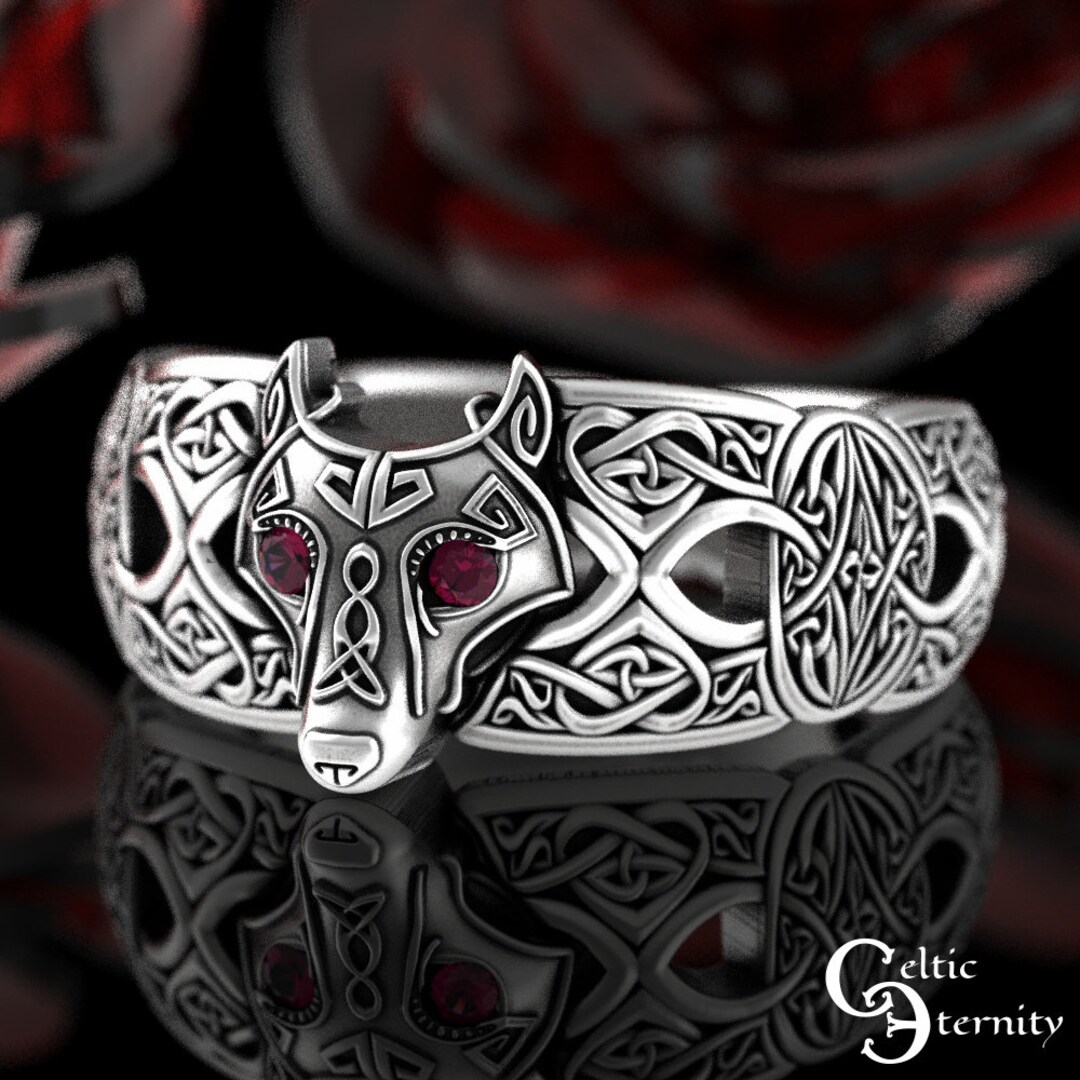 Ruby Celtic Wolf Ring, Ruby Wolf Ring, Sterling Wolf Ring, Wolf Wedding ...