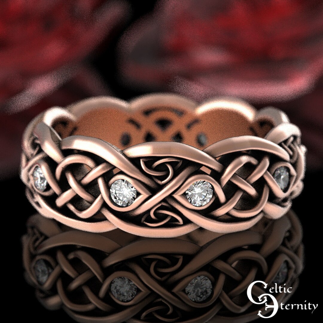 Womens Rose Gold & Moissanite Wedding Ring, Celtic Pink Gold Wedding ...