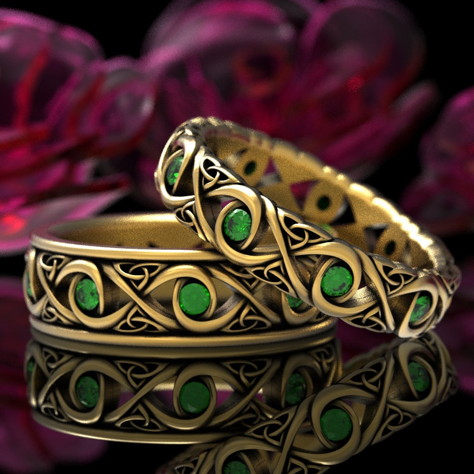 Celtic Gold Wedding Ring With Emeralds Infinity Knot Wedding | Etsy