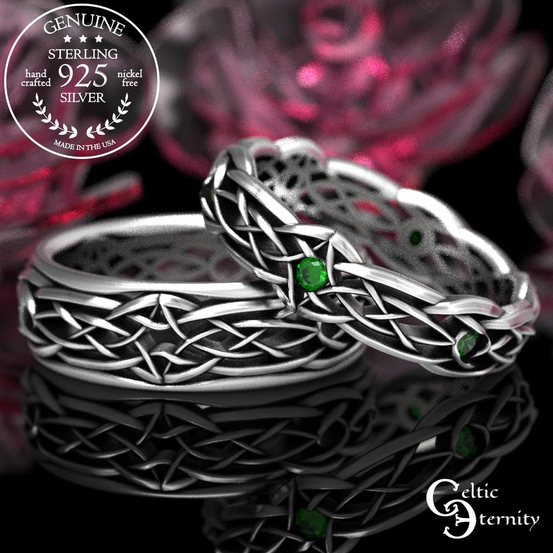 Sterling Celtic Wedding Ring Set, Emerald Irish His Hers Marriage Rings ...