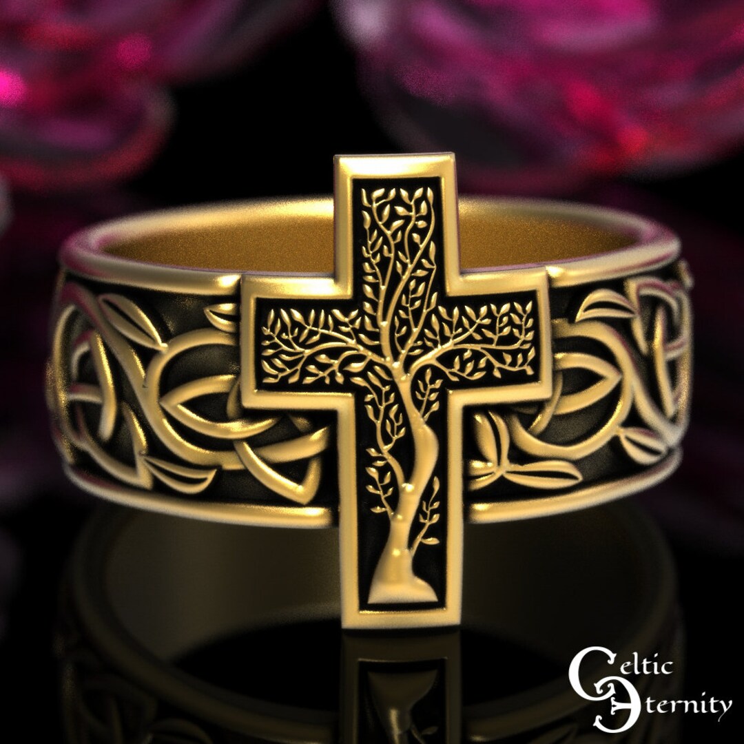 Gold Tree of Life Wedding Ring, 18K Mens Cross Wedding Ring, 14K Celtic ...