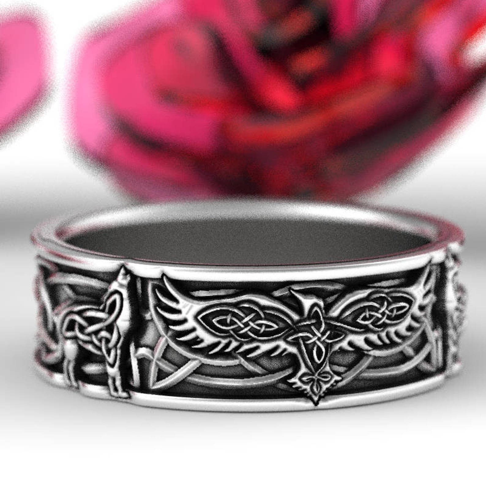 Sterling Raven & Wolf Ring Mens Wedding Band Raven Ring - Etsy